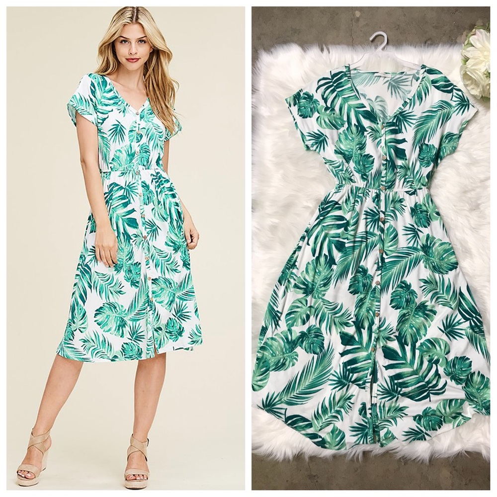 Reborn J Buttons Palm Leaf Vacation Midi Dress - Gem